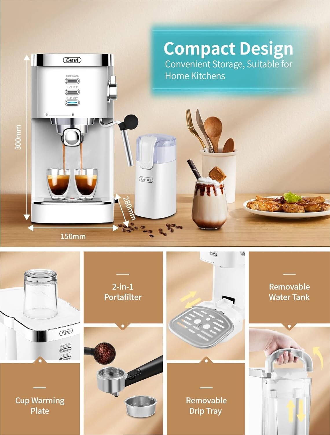 Gevi Espresso Automatic Fast Coffee Maker CappuccinoLatte 20 Bar 12L ...