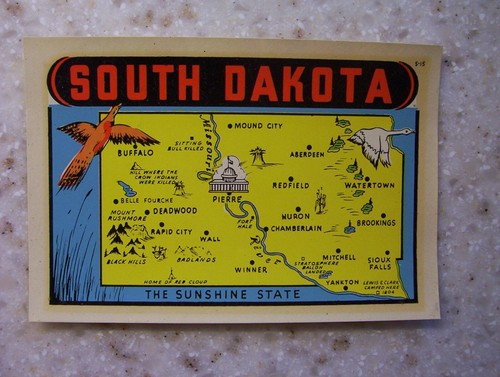 VINTAGE ORIGINAL SOUTH DAKOTA MAP STICKER THE SUNSHINE STATE WATER ...