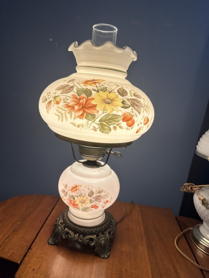 Vintage Hand Painted Milk Glass Hurricane Table Lamp, Colonial Lamp | eBay
