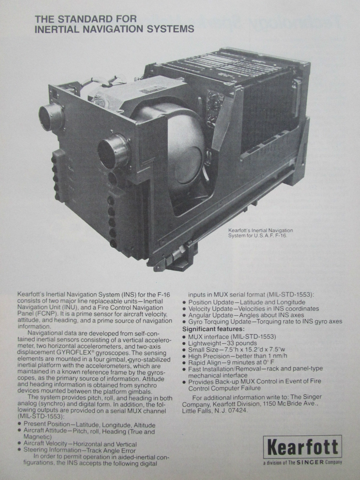 1977-79 PUB SINGER KEARFOTT INS INERTIAL NAVIGATION SYSTEM USAF F-16 ...