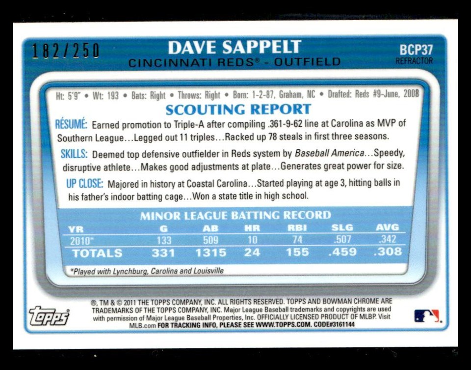 2011 Bowman Chrome Prospects Blue Refractors #BCP37 Dave Sappelt Reds ...