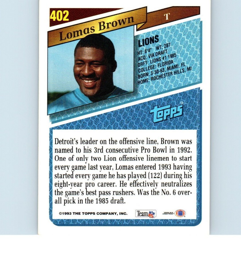 Lomas Brown 402 Lions 1993 Topps Football Trading Card | eBay
