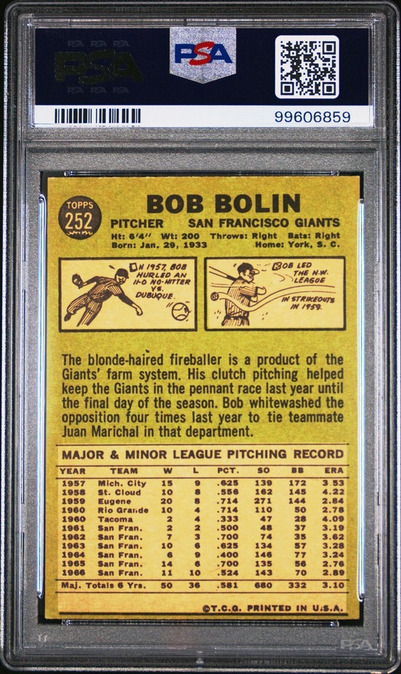 1967 TOPPS #252 BOB BOLIN WHITE STREAK BETWEEN NAME PSA 5 EX (6859) | eBay