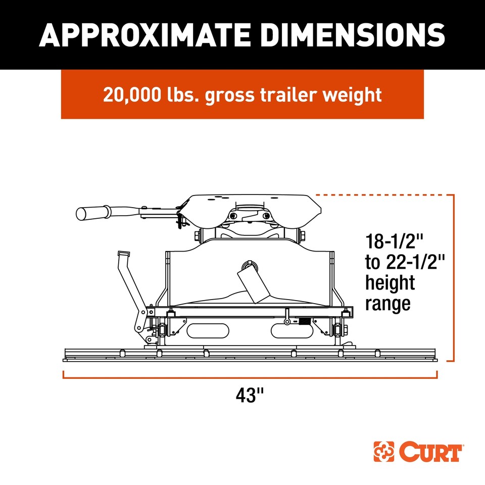 CURT A-Series 5th Wheel Hitch A20 Head Unit w/ S20 Slider & Rails 20K ...