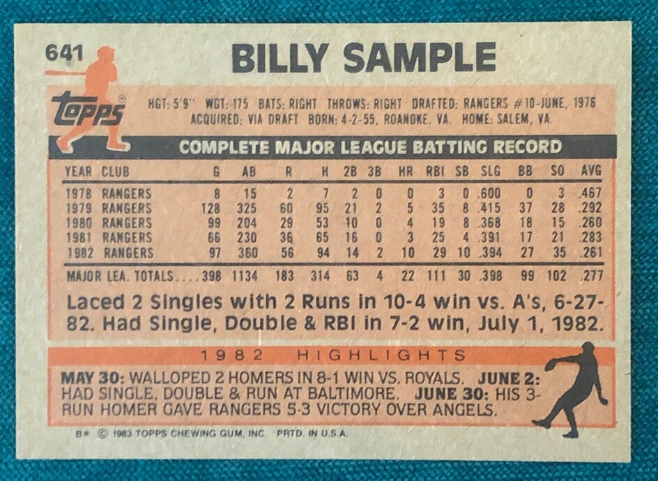 1983 Topps Baseball Billy Sample #641 Texas Rangers | eBay