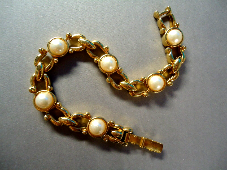 Vintage Erwin Pearl Gold Tone Simulated Pearl Fancy 7.5" Link Bracelet ...