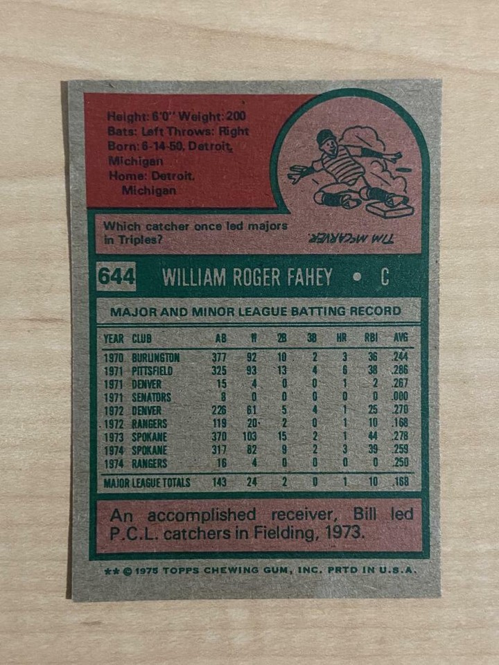 BILL FAHEY TEXAS RANGERS SIGNED AUTOGRAPHED 1975 TOPPS CARD #644 W/COA ...