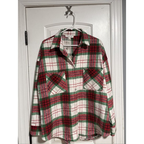 She Sky Herringbone Plaid Button Shacket Womens L Christmas Flannel | eBay