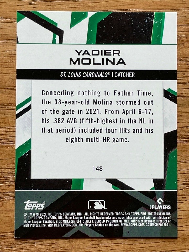 2021 TOPPS FIRE BASEBALL YADIER MOLINA CARD No.148 St. Louis Cardinals ...