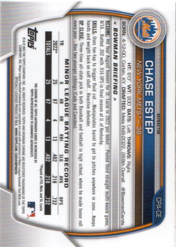 2023 Bowman Chrome Prospect Baseball Refractor #CPACE Chase Estep AUTO ...