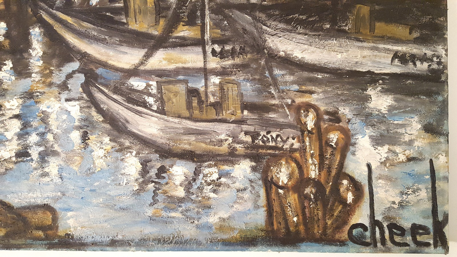 BOAT HARBOR EXPRESSIONIST LANDSCAPE VINTAGE LARGE OIL PAINTING 22x30 ...