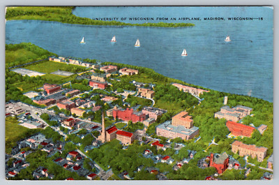 c1940s University of Wisconsin Madison Airplane View WI Linen Postcard ...