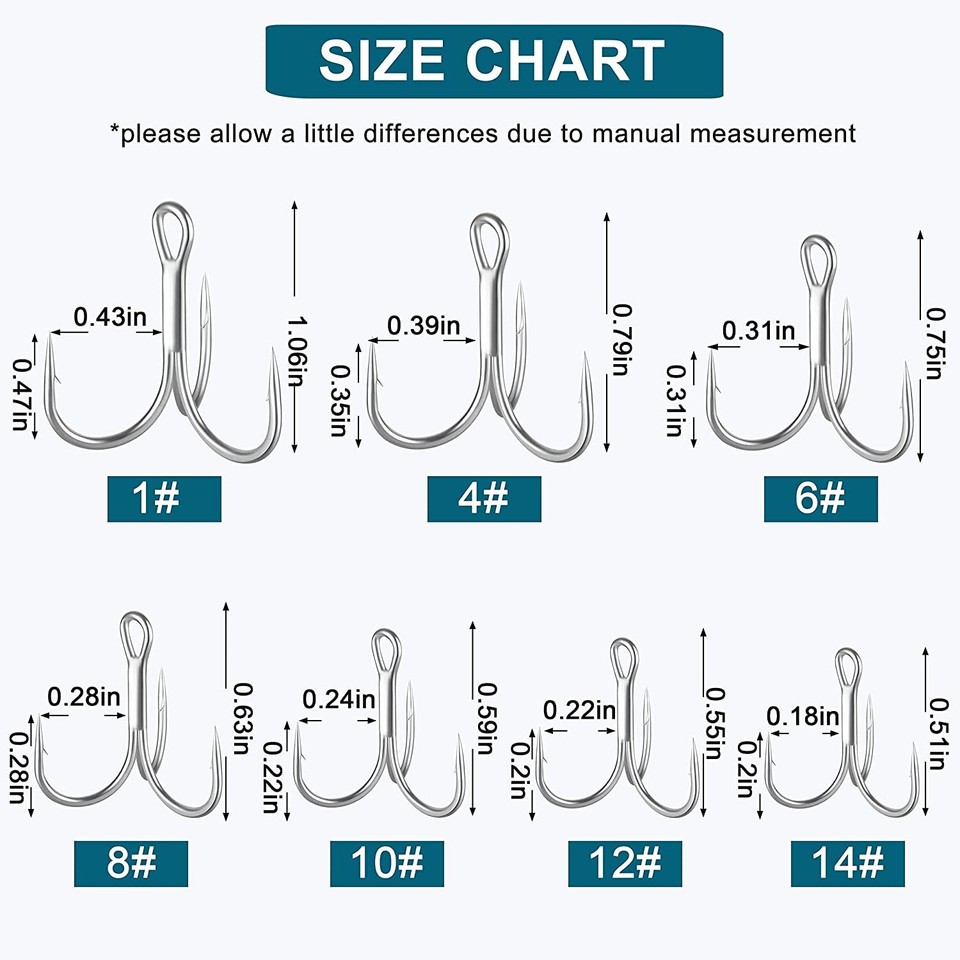 100PCS Treble Hooks Triple Fishing Sharp Hooks for Freshwater Saltwater ...