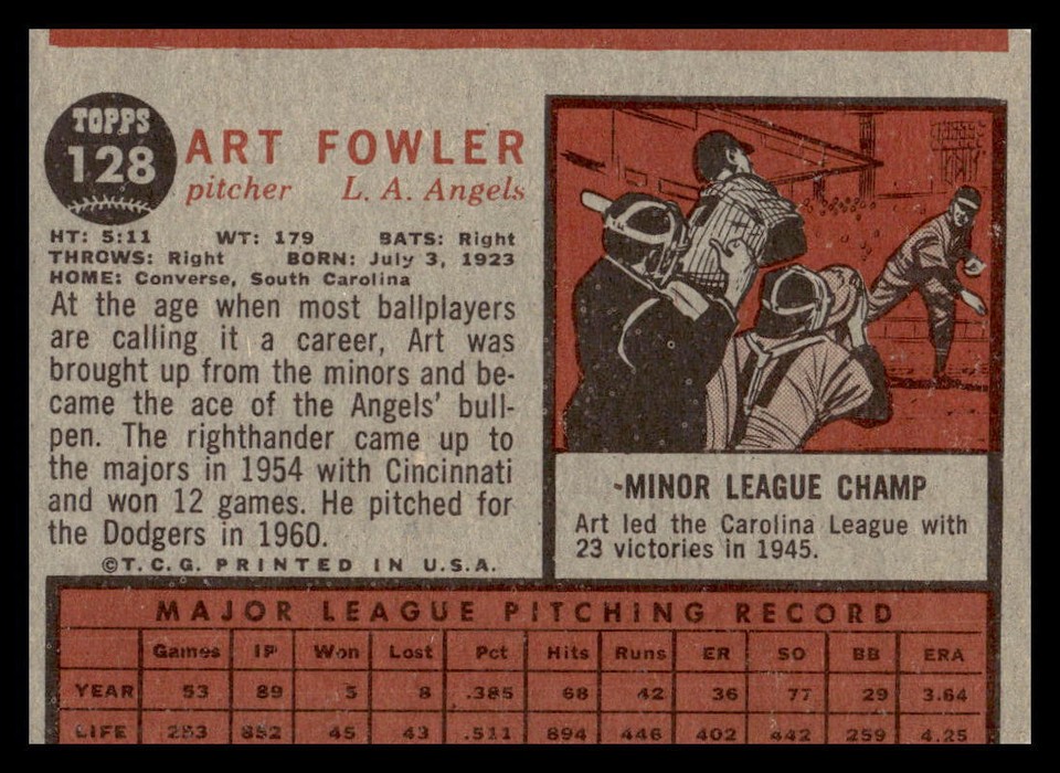 1962 Topps Art Fowler #128 Los Angeles Angels Baseball Card | eBay