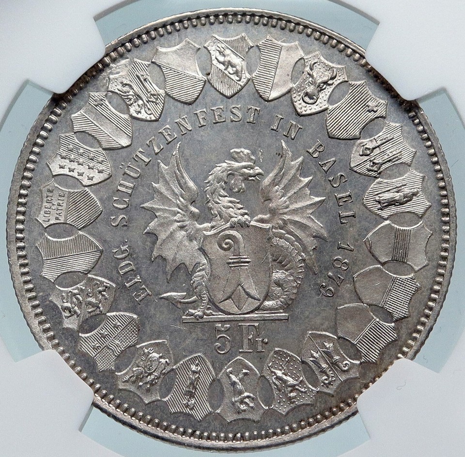 1879 SWITZERLAND Basel ANTIQUE SHOOTING FESTIVAL Swiss Silver 5F Coin ...