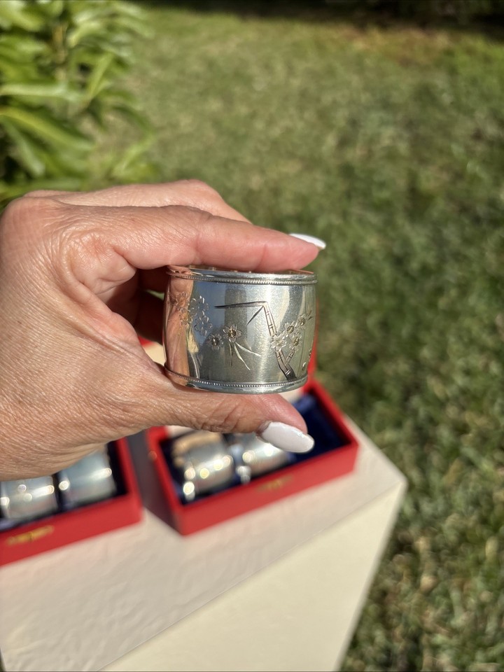 Vintage Engraved Silver napkin rings bird and bamboo pattern Original ...