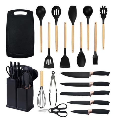 19 Pieces Kitchen Utensils and Knife Set with Block, black ...