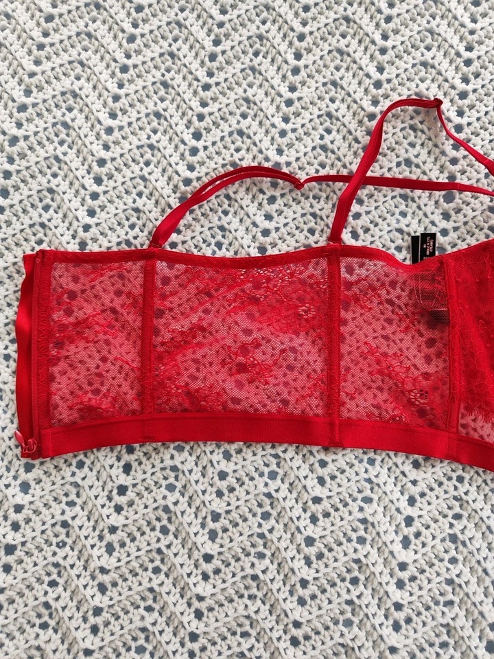 💜VS Sheer Mesh Lace Sz M Underwear Red Top Bra Corset Sexy Lingerie ...