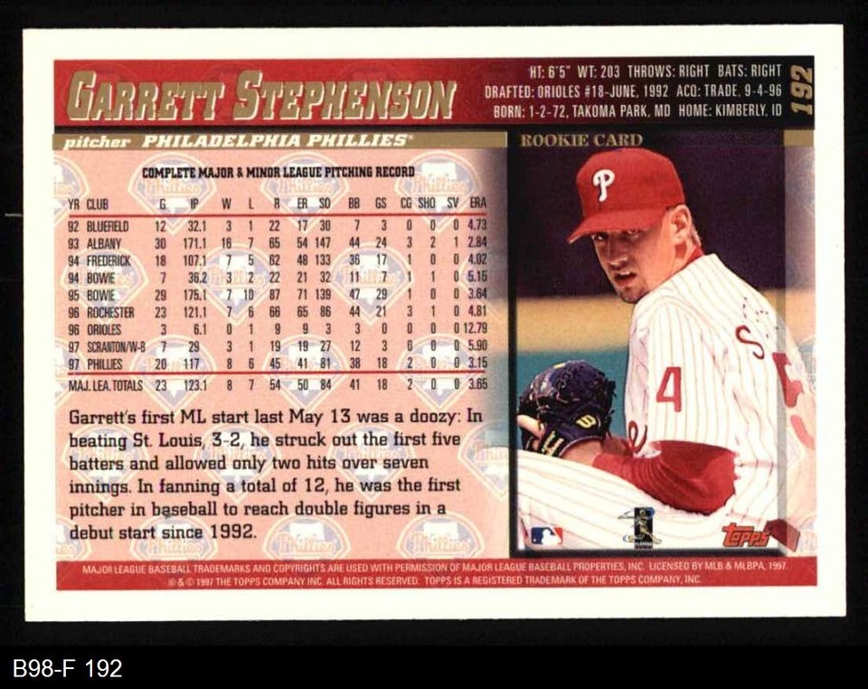 1998 Topps #192 Garrett Stephenson Phillies 8 - NM/MT | eBay