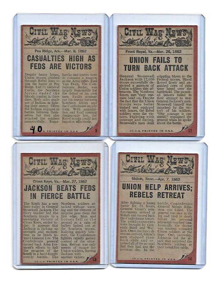 CIVIL WAR NEWS - TOPPS 1962 - LOT OF 4 CARDS # 9, 11, 13 & 14 - VERY ...