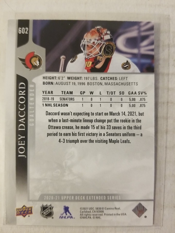 2020-21 UD Extended Series Base #602 Joey Daccord - Ottawa Senators | eBay