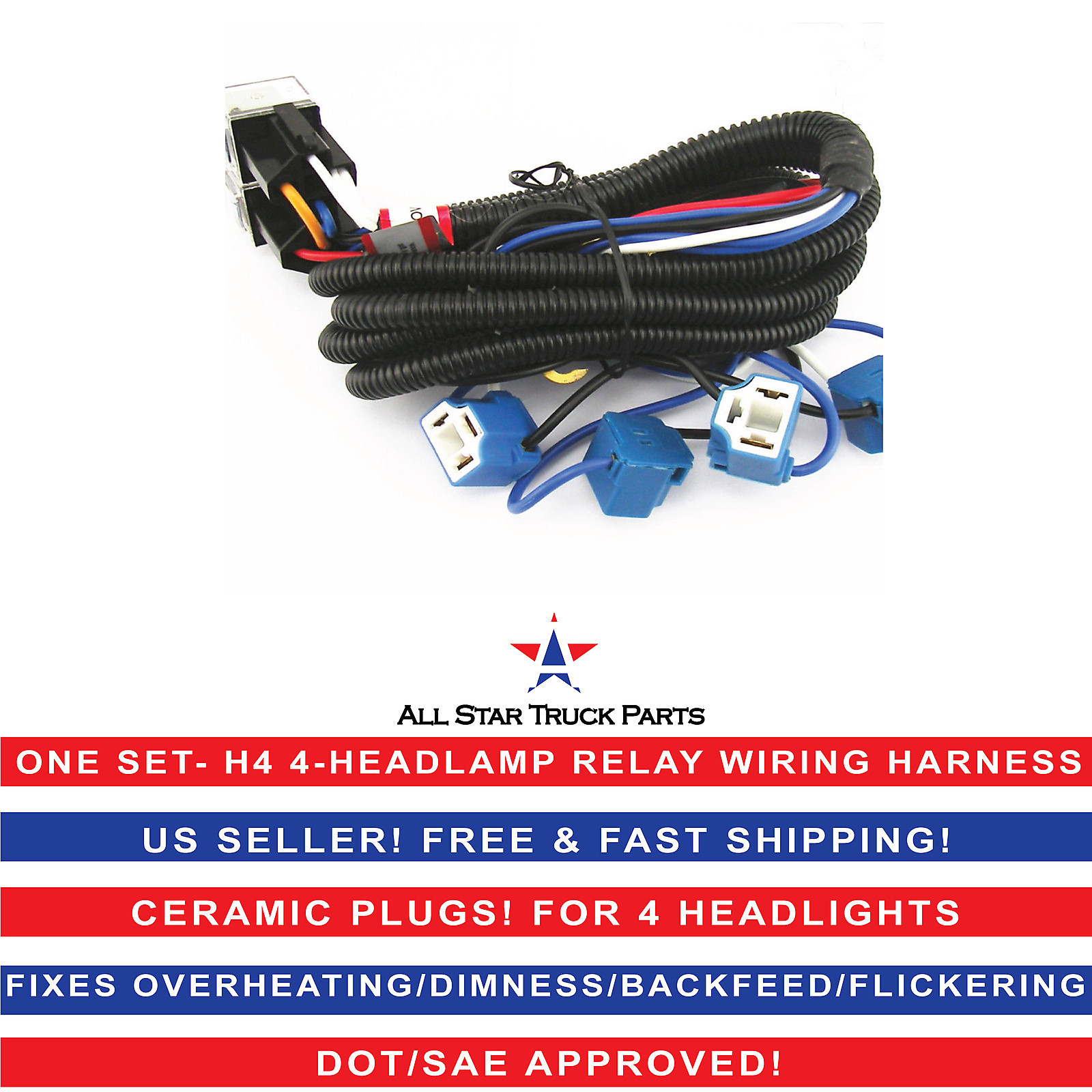 CERAMIC H4 HEADLIGHT RELAY WIRING HARNESS 4 HEADLAMP LIGHT BULB SOCKET ...