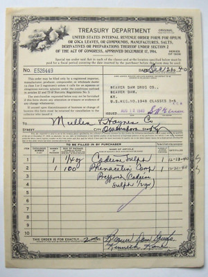 Vintage/Antique ORDER FORM FOR OPIUM OR COCA LEAVES Dec. 21 1940 ...