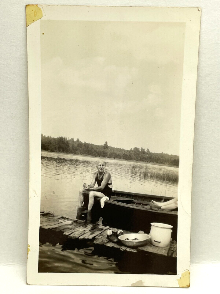 VE Photograph 1920s Old Bald Man One Piece Bathing Suit Sitting On Row ...
