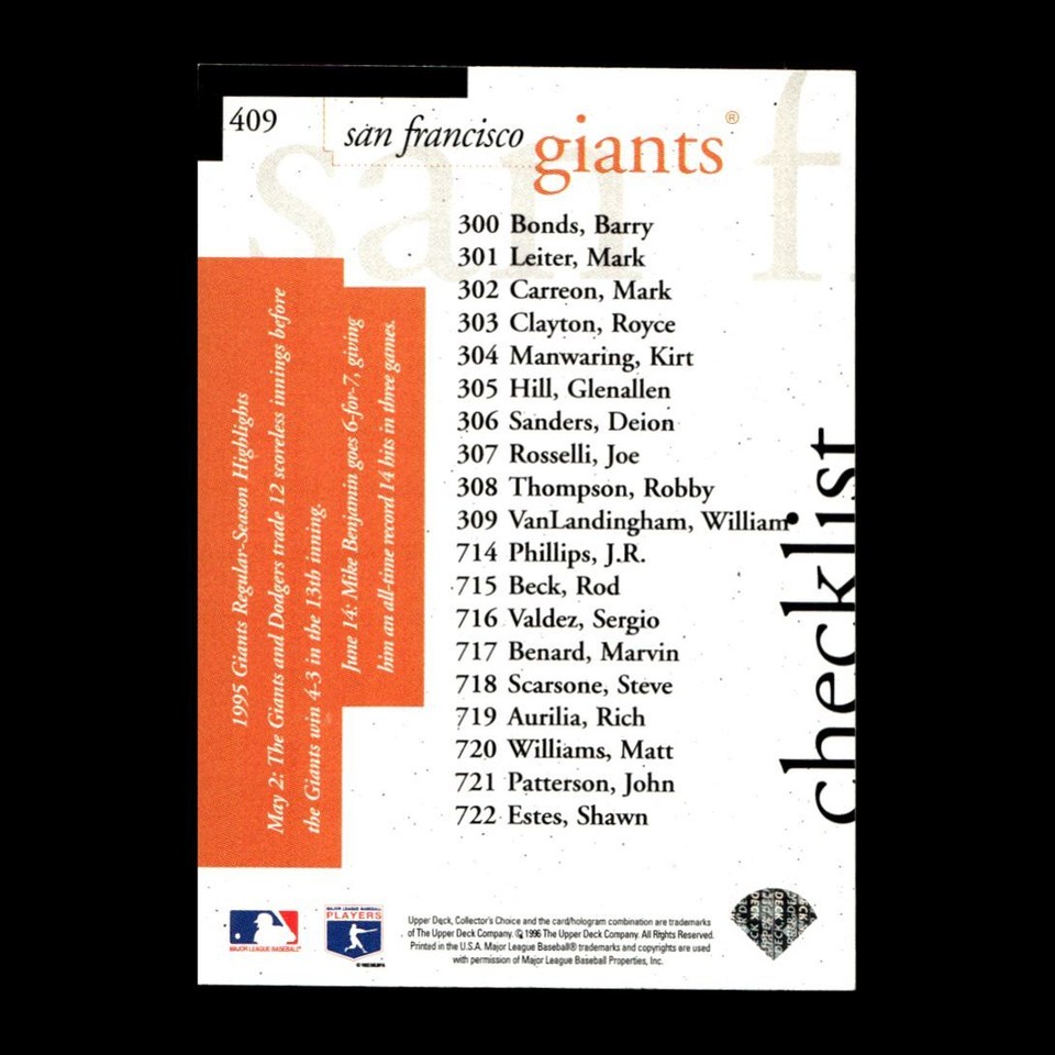 Checklist 1996 Upper Deck San Francisco Giants #409 R326O 50 | eBay
