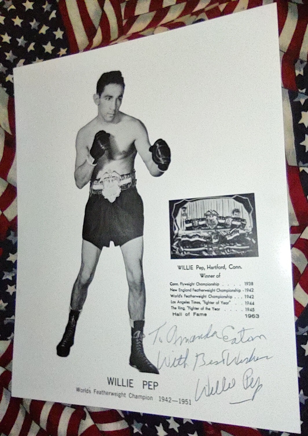 WILLIE PEP SIGNED PHOTOGRAPH. FEATHER WEIGHT BOXING CHAMPION. LIFETIME ...