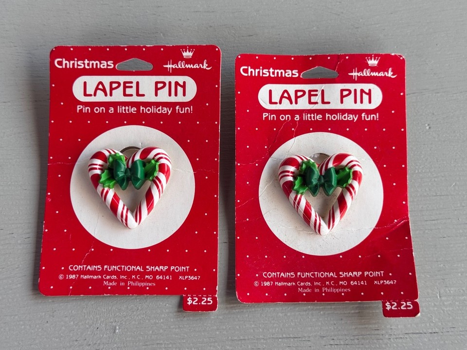 Lot of 2 Vintage Hallmark Candy Cane Heart Lapel Pins Christmas 1987 ...