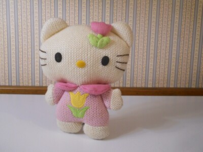 Rare Vintage Sanrio KNIT Hello Kitty plush 8" pink with tulips flowers ...