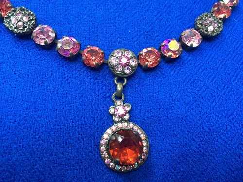 Jewel colours. Lustrous pink + orange crystal necklace with accent ...