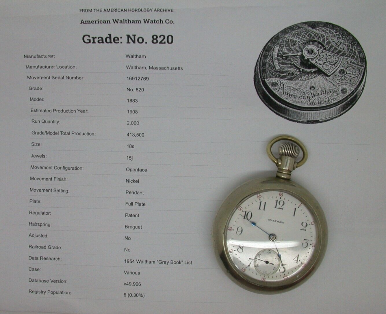 18 SIZE WALTHAM, GRADE NO. 820, MODEL 1883, MADE 1908 POCKET WATCH ...