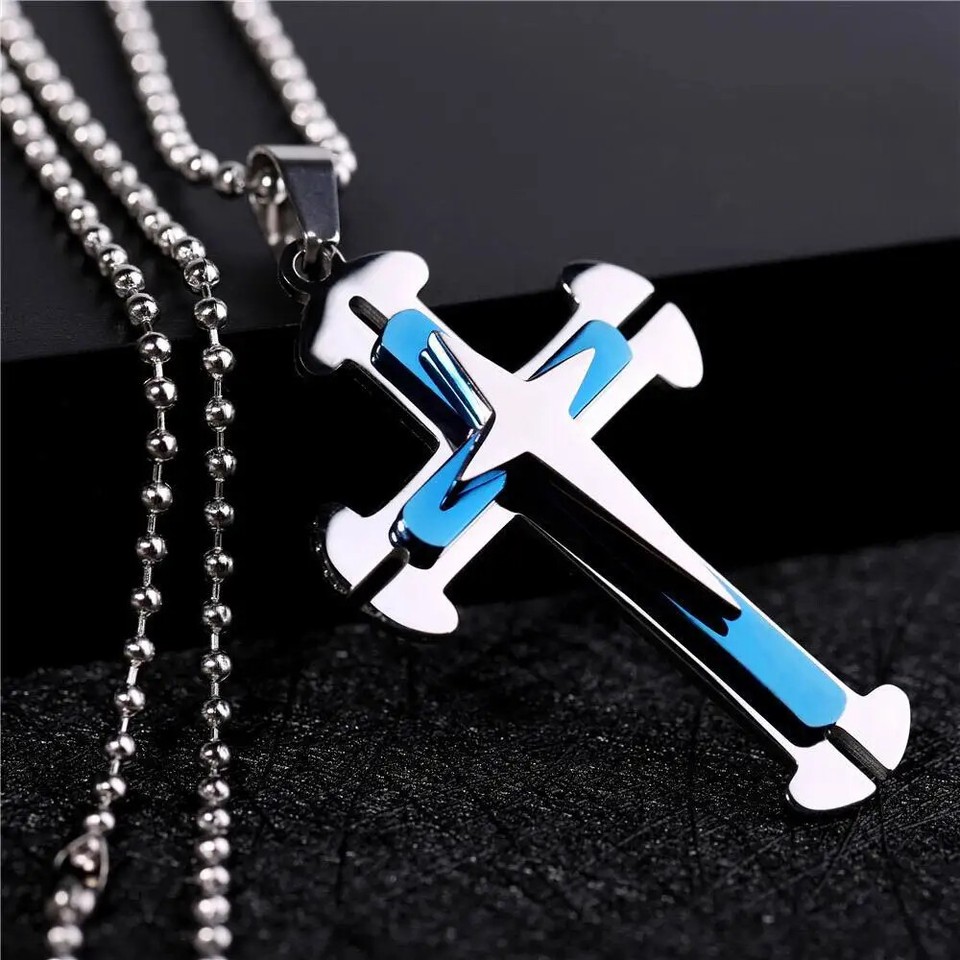 Simple Split Three Layer Cross Blue/Gold/Black Pendant Stainless Steel ...