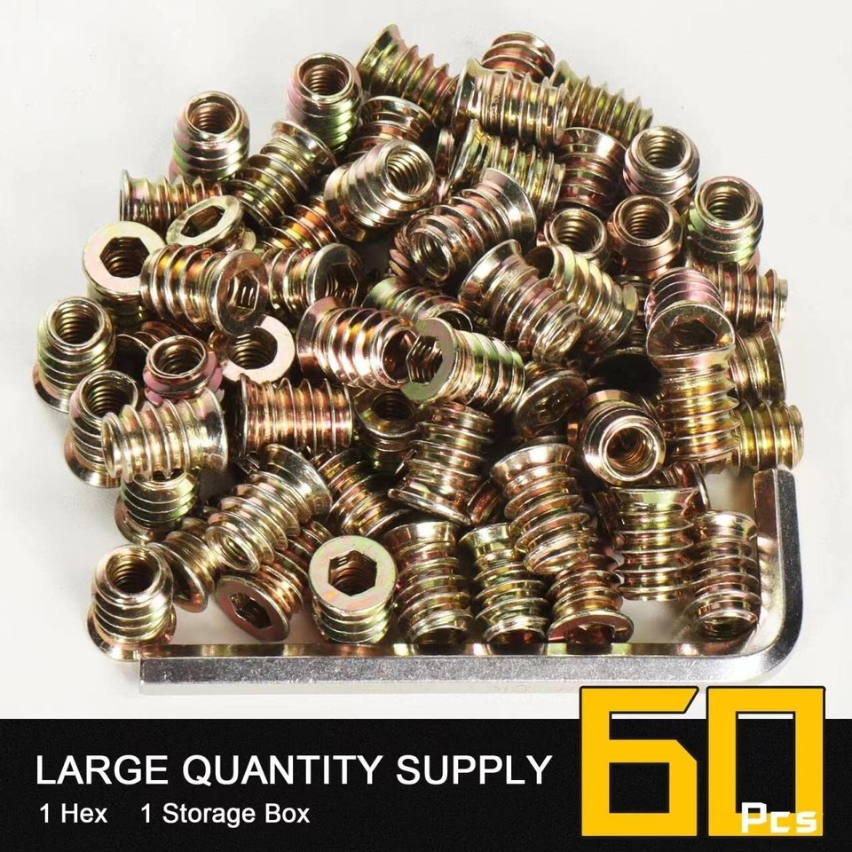 60PCS Threaded Insert Furniture Screw In Wood Nut Inserts Fastener Bolt ...