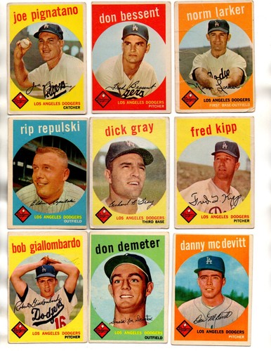 1959 TOPPS DODGERS TEAM SET LOT VG-EX GRAY WHITE BACKS VINTAGE 1950S ...