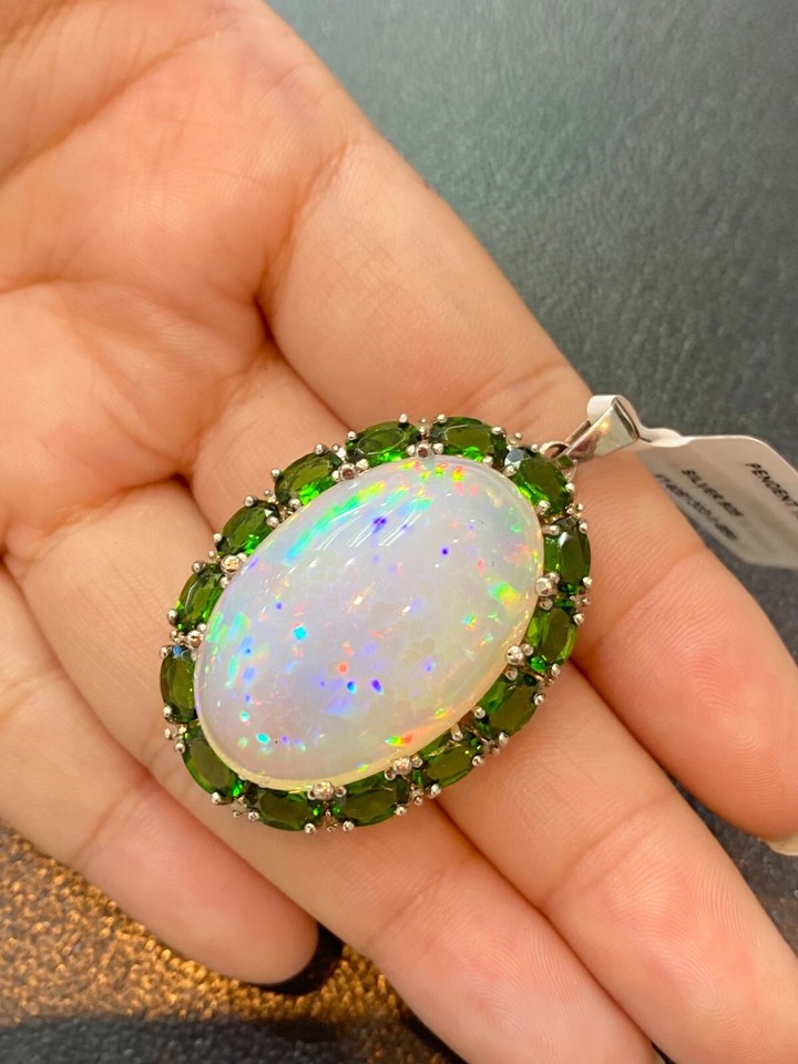 NATURAL FIRE OPAL 24X20 CHROME DIOPSIDE DIAMOND 14P.STERLING SILVE925 ...