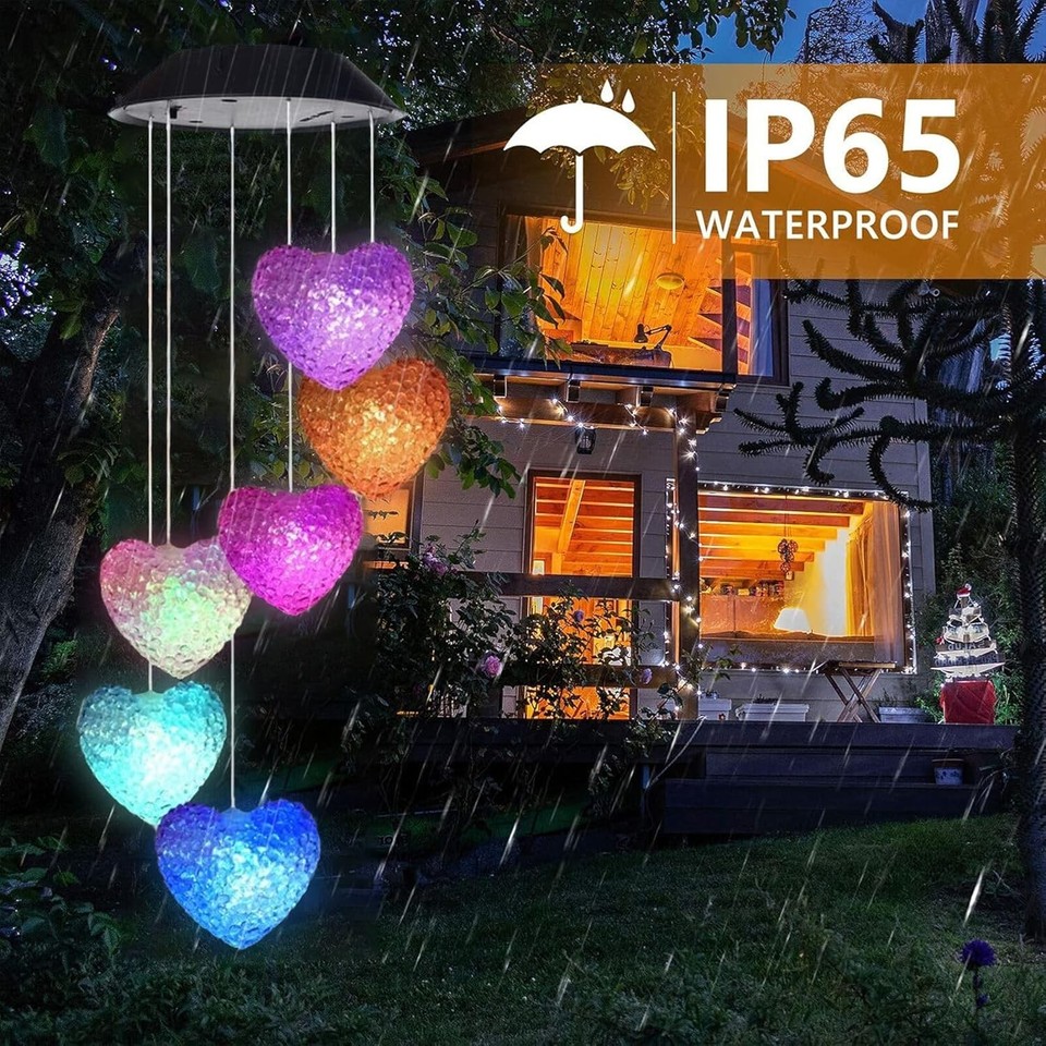 LED Solar Powered Color Changing Love Heart Wind Chimes Garden Yard ...