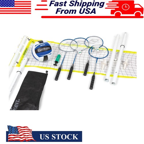 Volleyball Badminton Net Set W/ 4 Rackets Portable Adjustable Height ...