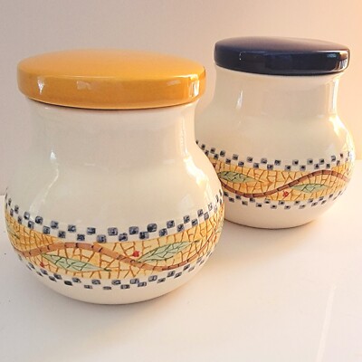 Vintage Mosaic/Aztec Ceramic Canisters set of 2 Blue/yellow GUC | eBay
