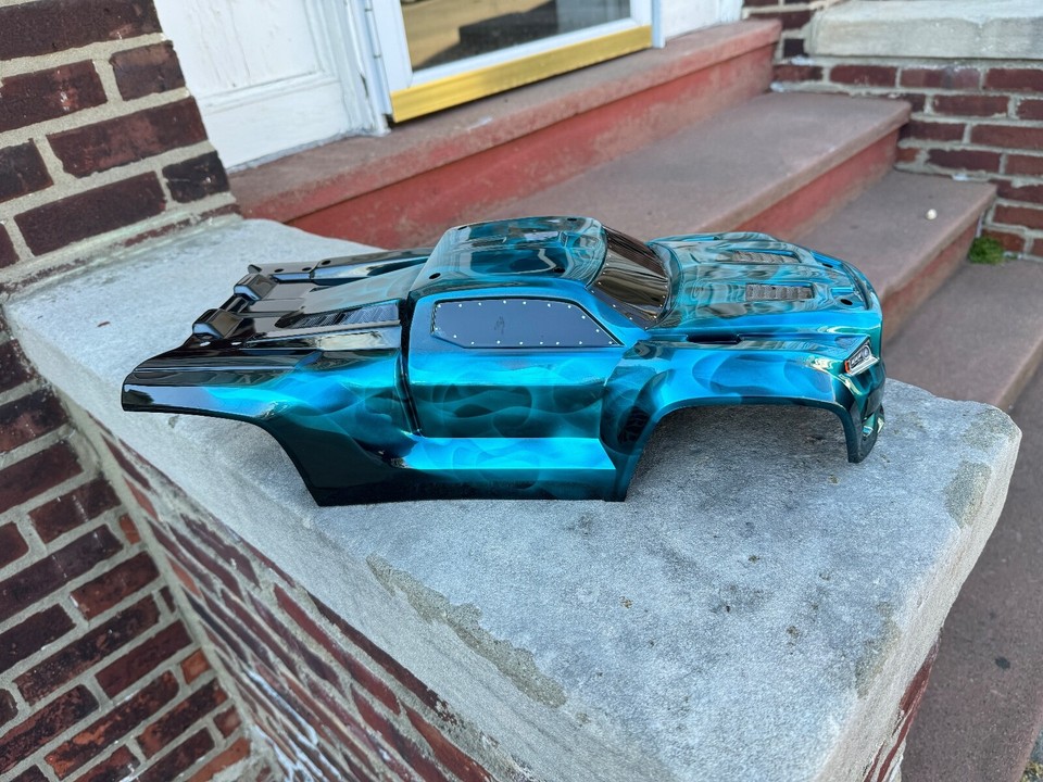 CUSTOM PAINTED RC BODY, TRAXXAS SLEDGE BLUE CHROME FLAMES, AIRBRUSHED ...