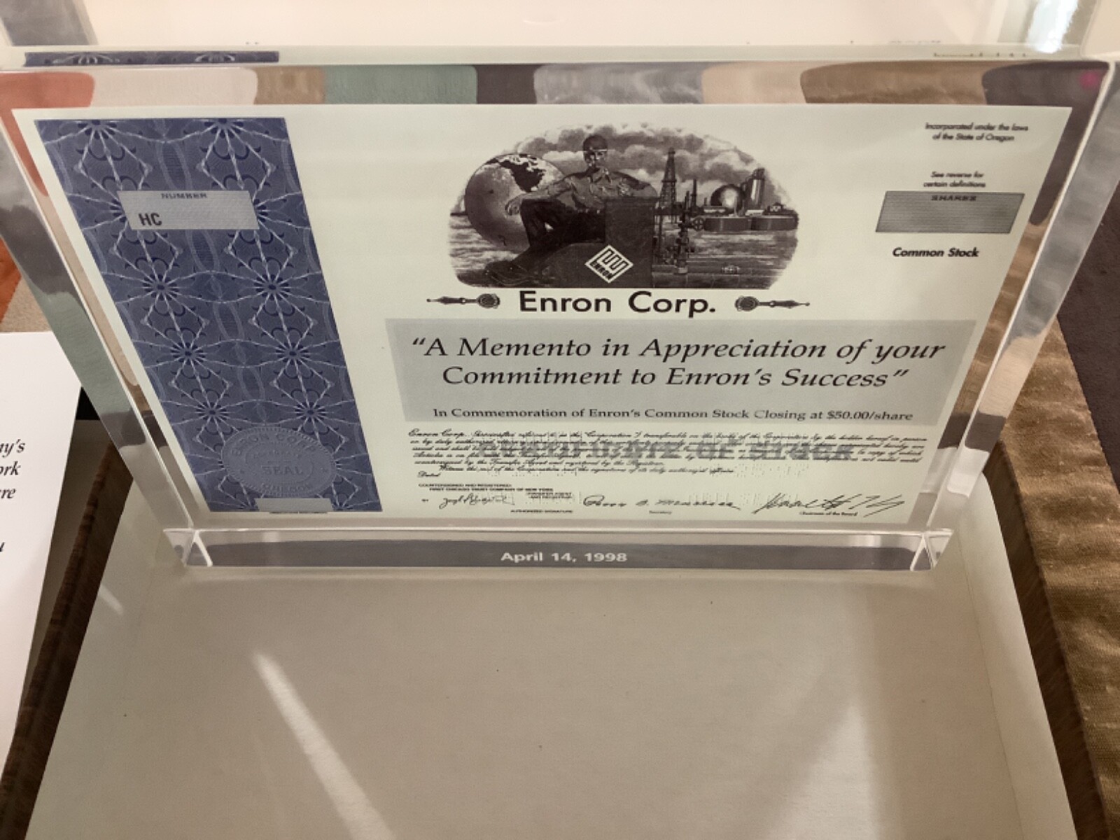 RARE Enron Corp Memento Stock Certificate Employee Gift Lucite ...