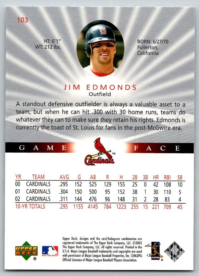 2003 UPPER DECK GAME FACE JIM EDMONDS ST. LOUIS CARDINALS #103 | eBay