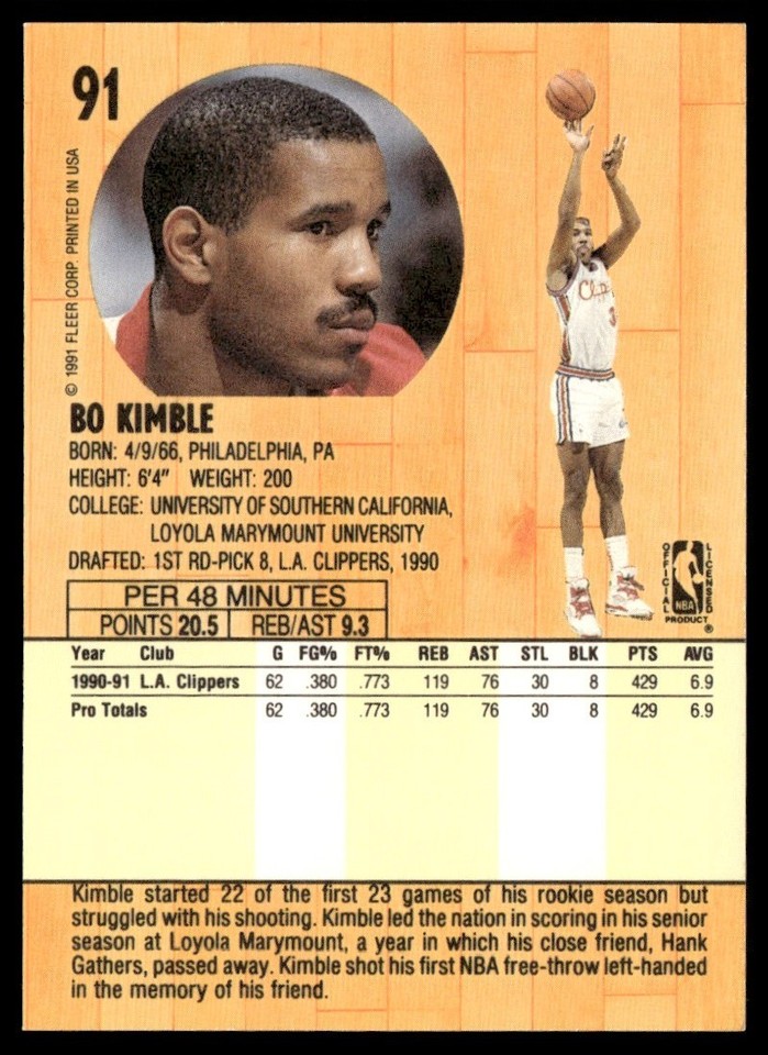 1991-92 Fleer Bo Kimble Los Angeles Clippers #91 | eBay