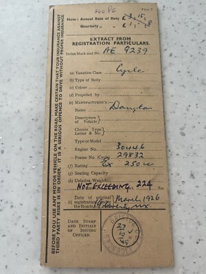 Douglas 250cc 1926 Vintage Motorcycle Log Book RF60 .. Memorabilia ...