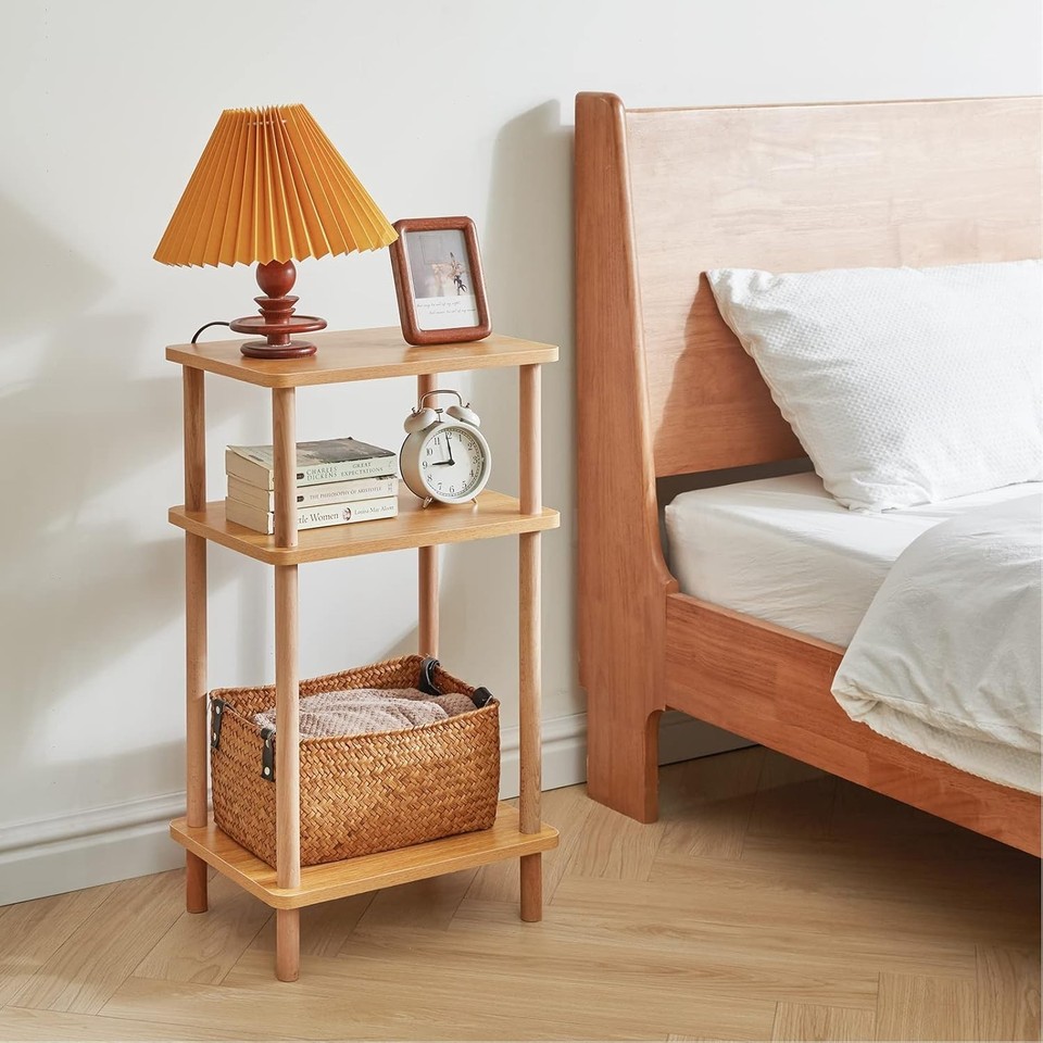 IBUYKE 3-Tier Side Table, Solid Wood Tall End Table with Storage ...