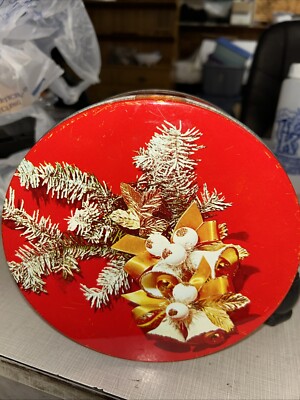 Vintage 1950s Christmas Metal Round Tim Box Red with White and Gold ...