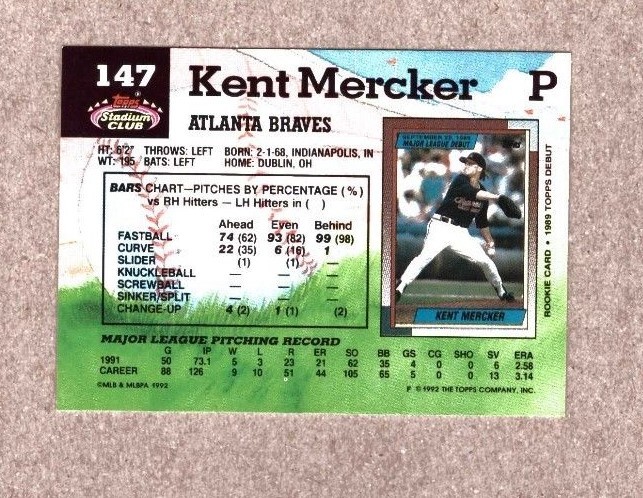 1992 Topps Stadium Club Baseball Card #147 Kent Mercker Braves | eBay