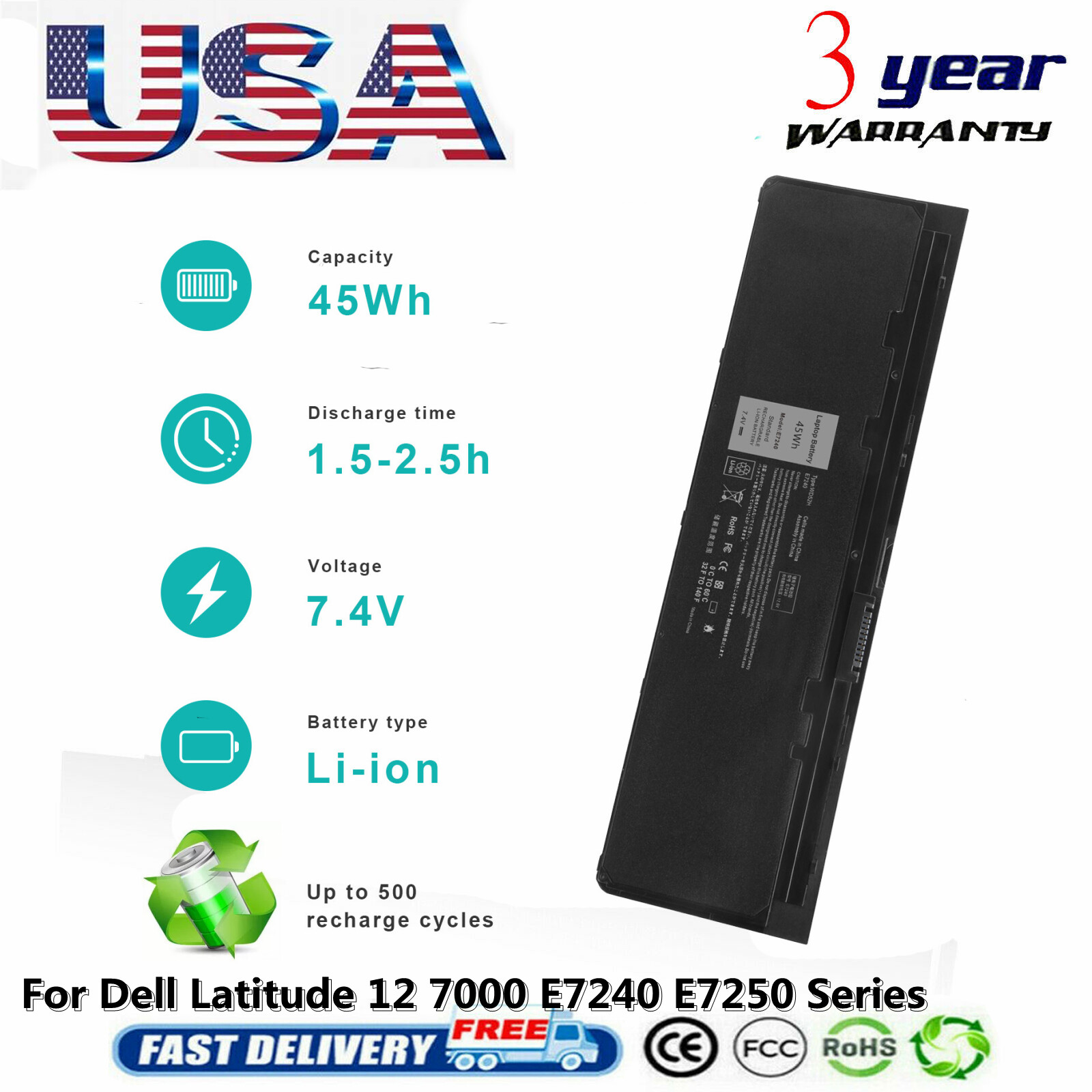 for Dell Latitude E7240 E7250 7.4V 45Wh Battery 9C26T GVD76 KWFFN VFV59 ...